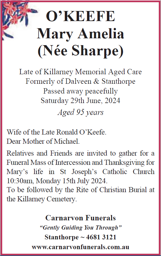 O’Keefe, Mary Amelia – Carnarvon Funeral Services