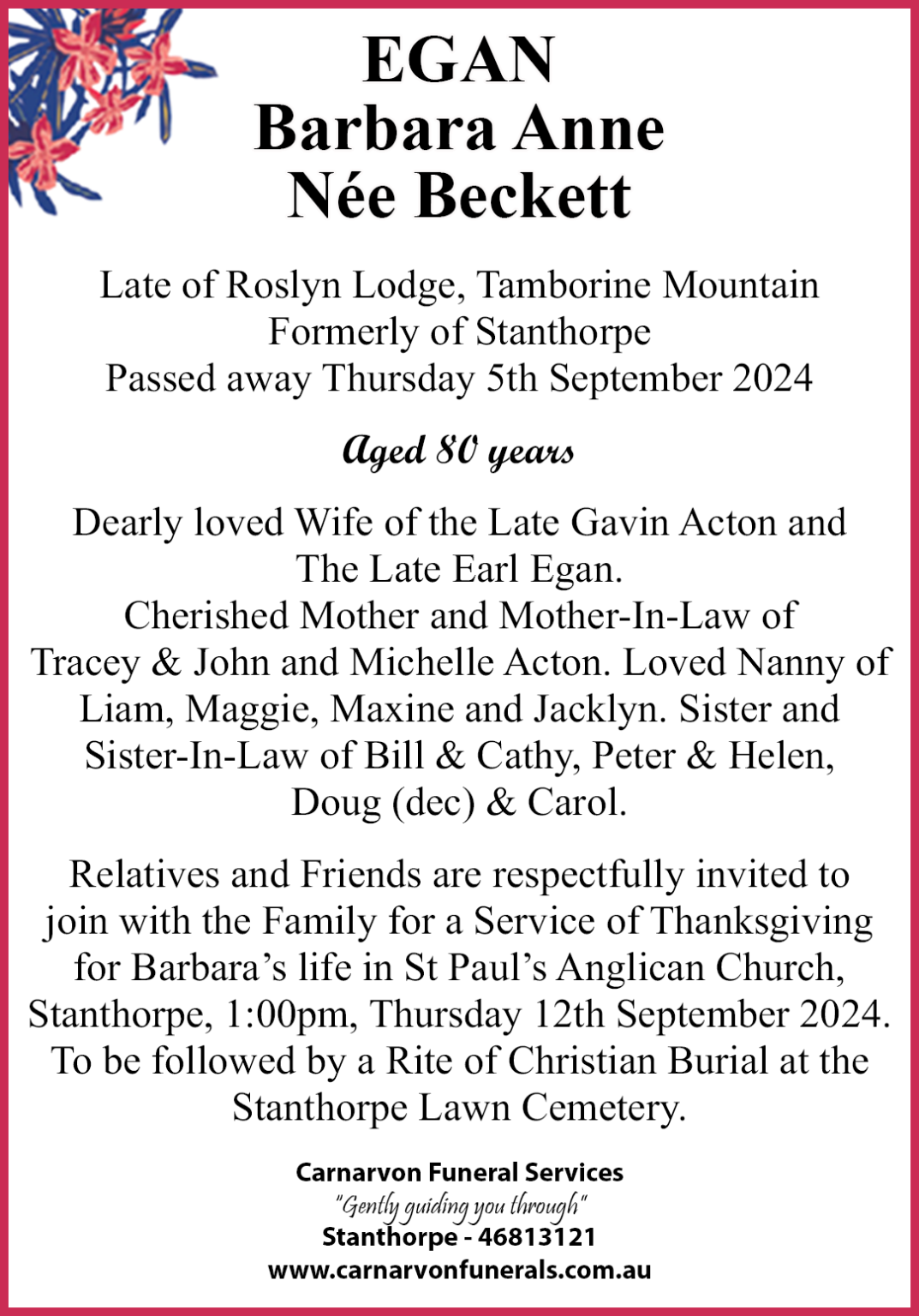 Egan, Barbara Anne – Carnarvon Funeral Services