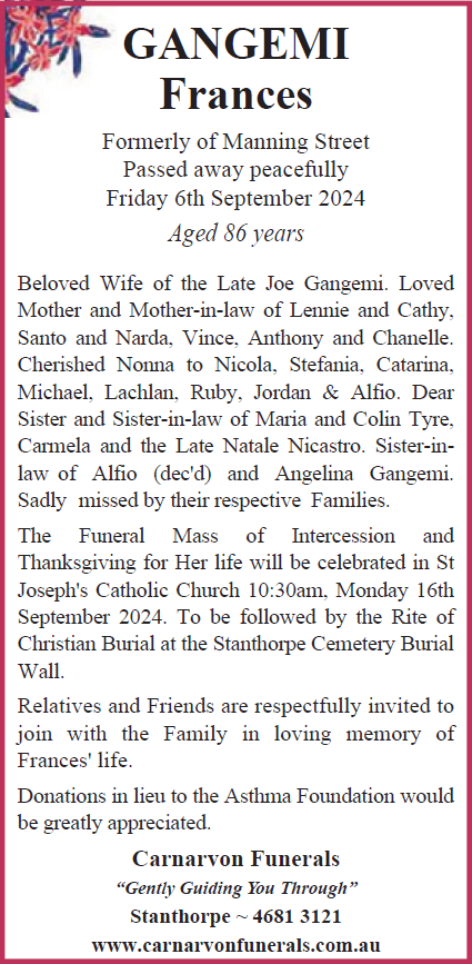 Gangemi, Frances – Carnarvon Funeral Services