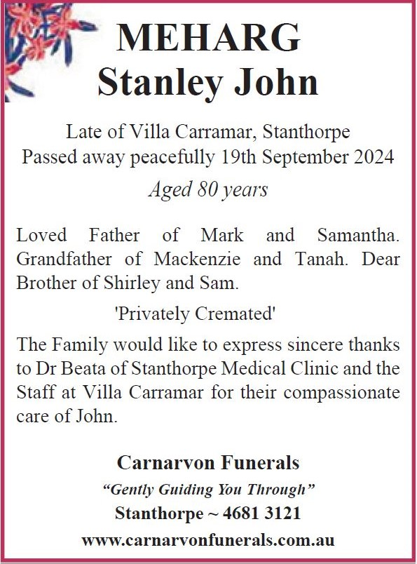 Meharg, Stanley John – Carnarvon Funeral Services