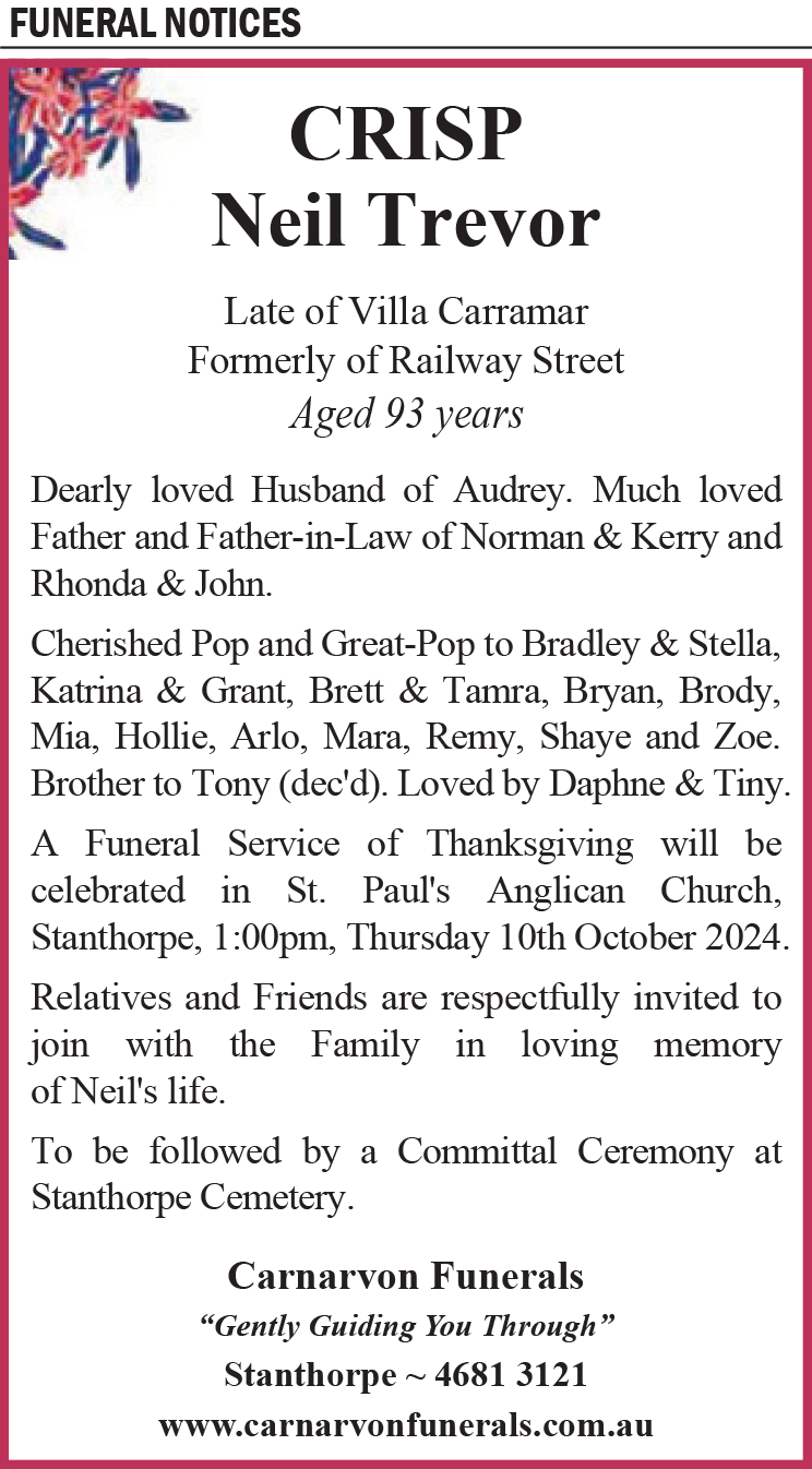 Crisp, Neil Trevor – Carnarvon Funeral Services