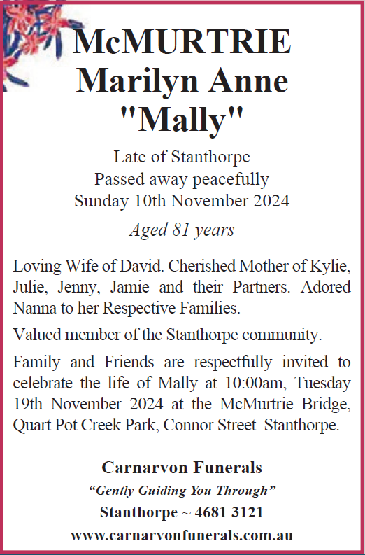McMurtrie, Marilyn “Mally” Anne – Carnarvon Funeral Services