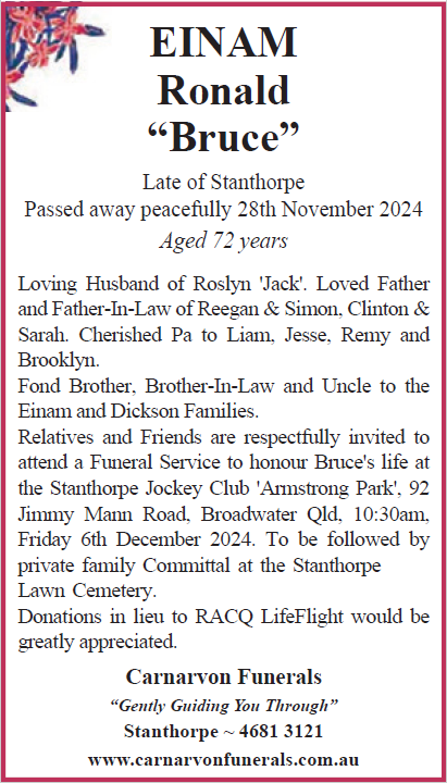 Einam, Ronald Bruce ‘Bruce’ – Carnarvon Funeral Services