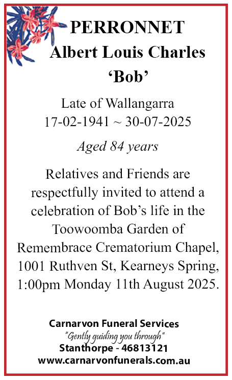 Perronnet, Albert Louis Charles ‘Bob’ – Carnarvon Funeral Services