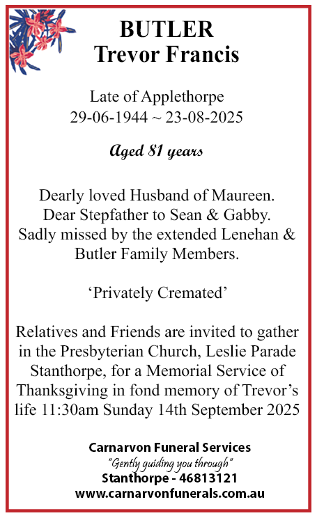 Butler, Trevor Francis – Carnarvon Funeral Services