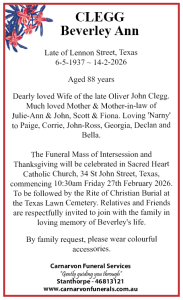 Clegg, Beverley Ann – Carnarvon Funeral Services
